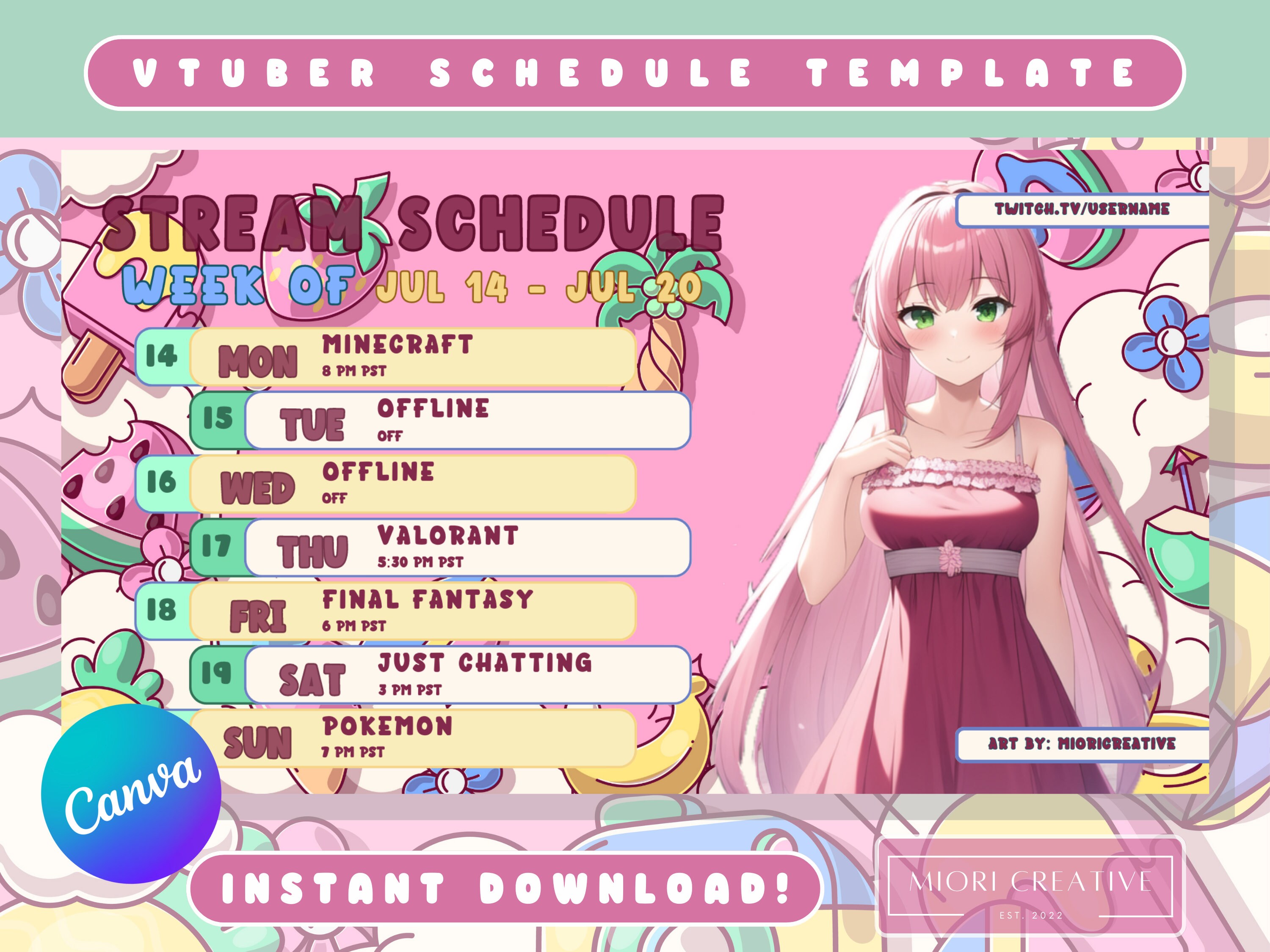 Summer Stream Schedule Template Vtuber Schedule Cute Vtuber - Etsy
