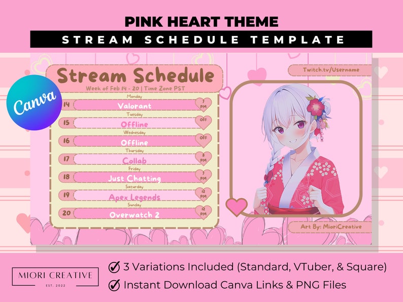 Pink Heart Vtuber Stream Schedule Template (canva Editable) - Etsy