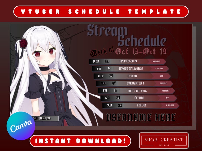 Goth Vtuber Schedule Dark Vtuber Stream Schedule Template - Etsy