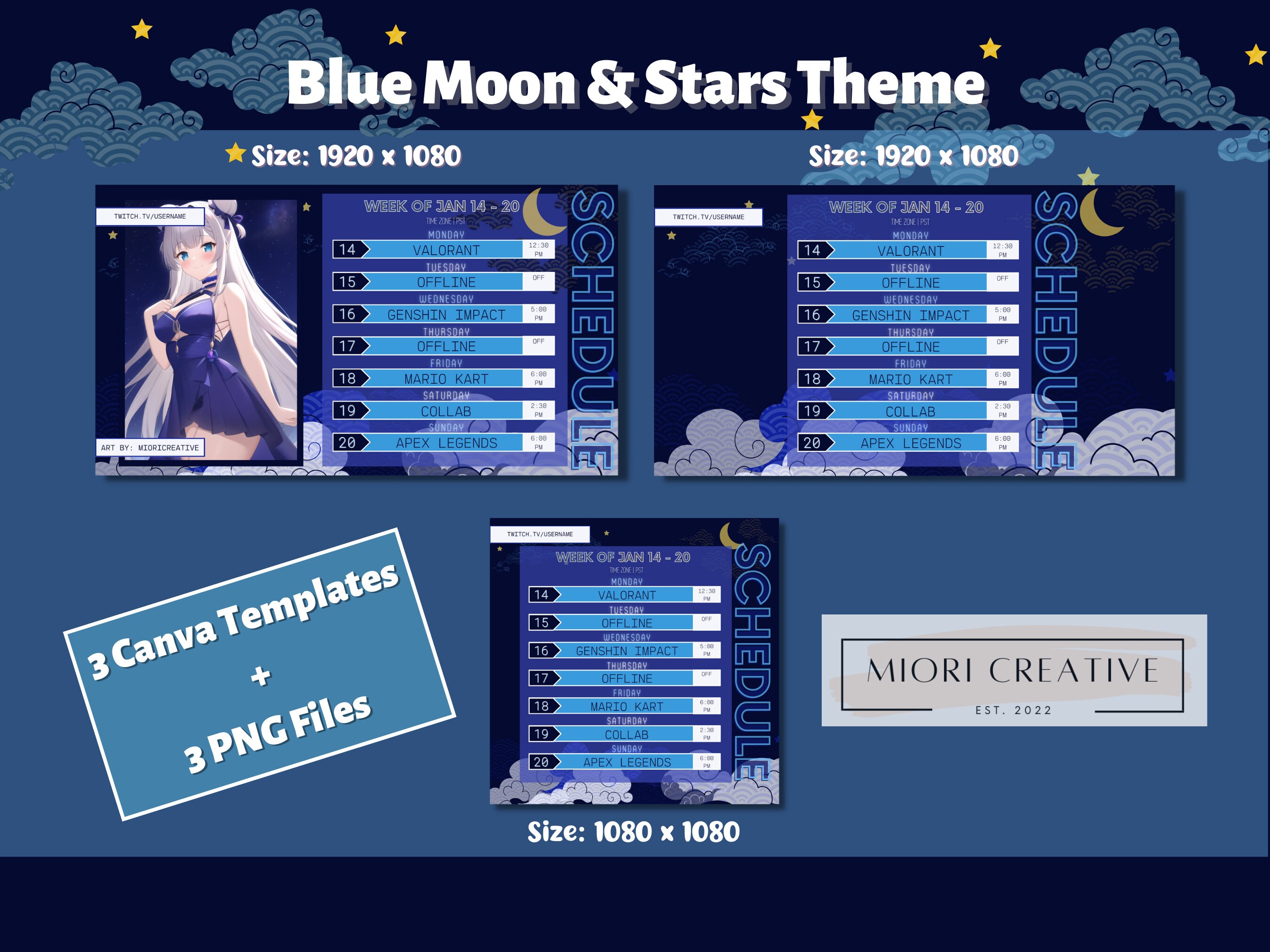Cute Moon Vtuber Schedule Template Bundle Cloud Stream - Etsy