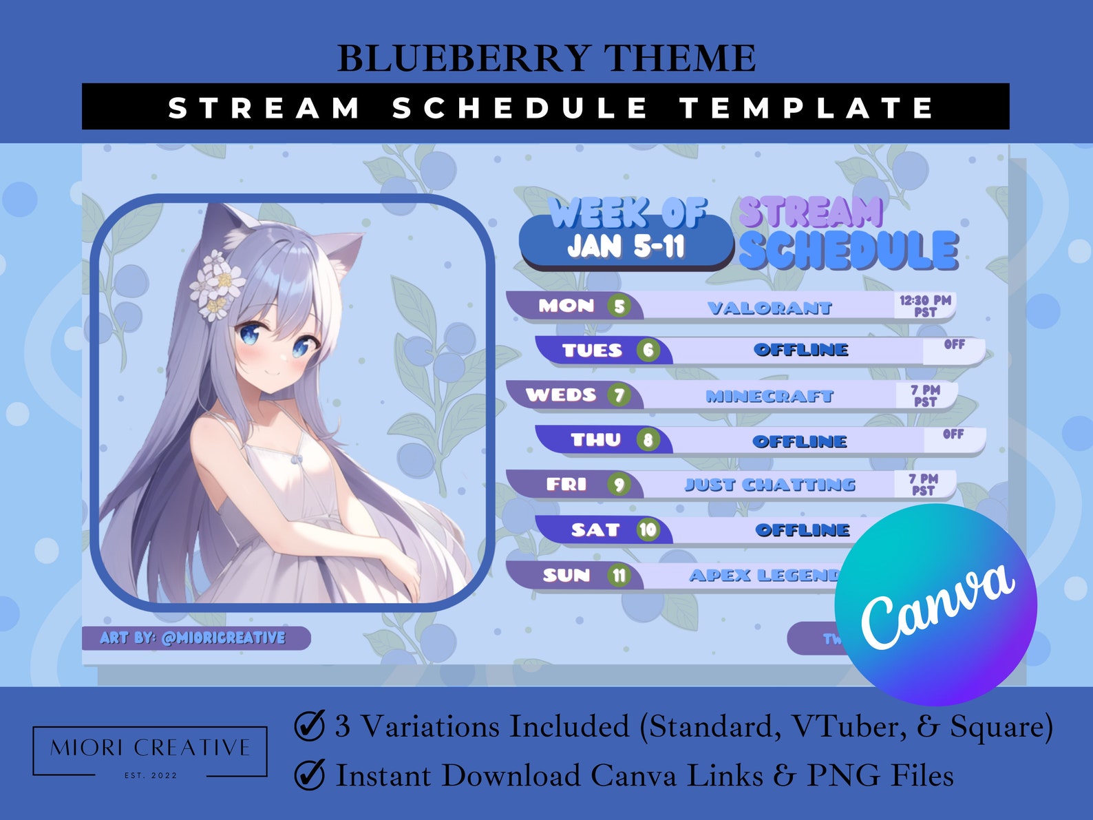 Blueberry Vtuber Stream Schedule Template: Canva & PNG (digital ...