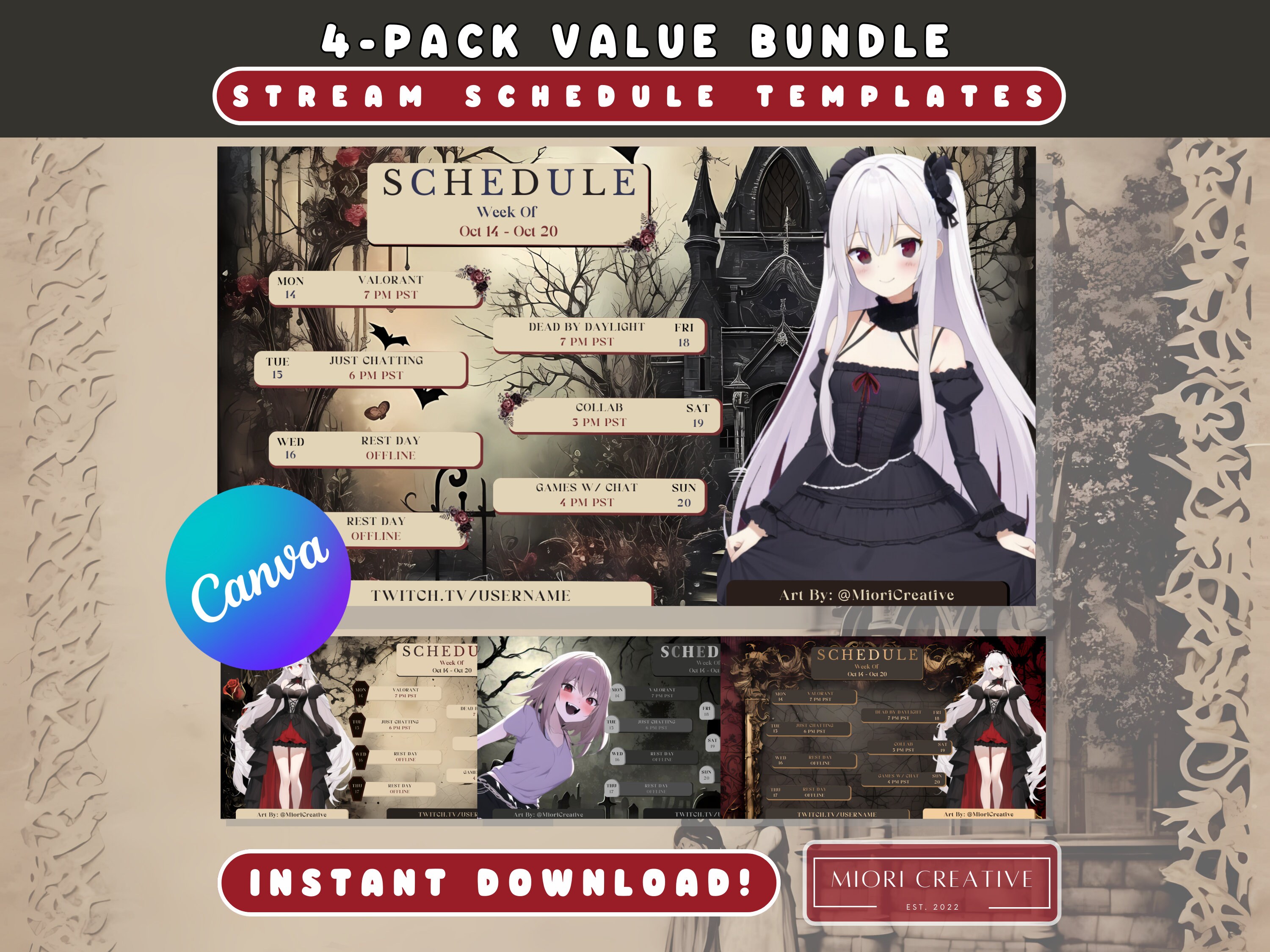 Gothic Vtuber Stream Schedule Bundle Dark Twitch Schedule Template ...