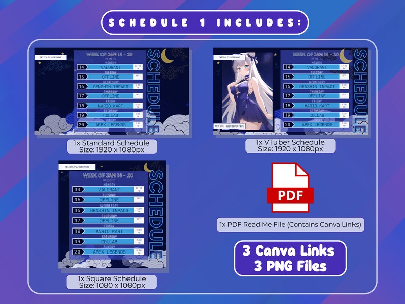 2-pack Vtuber Schedule Twitch Stream Schedule Template Blue - Etsy