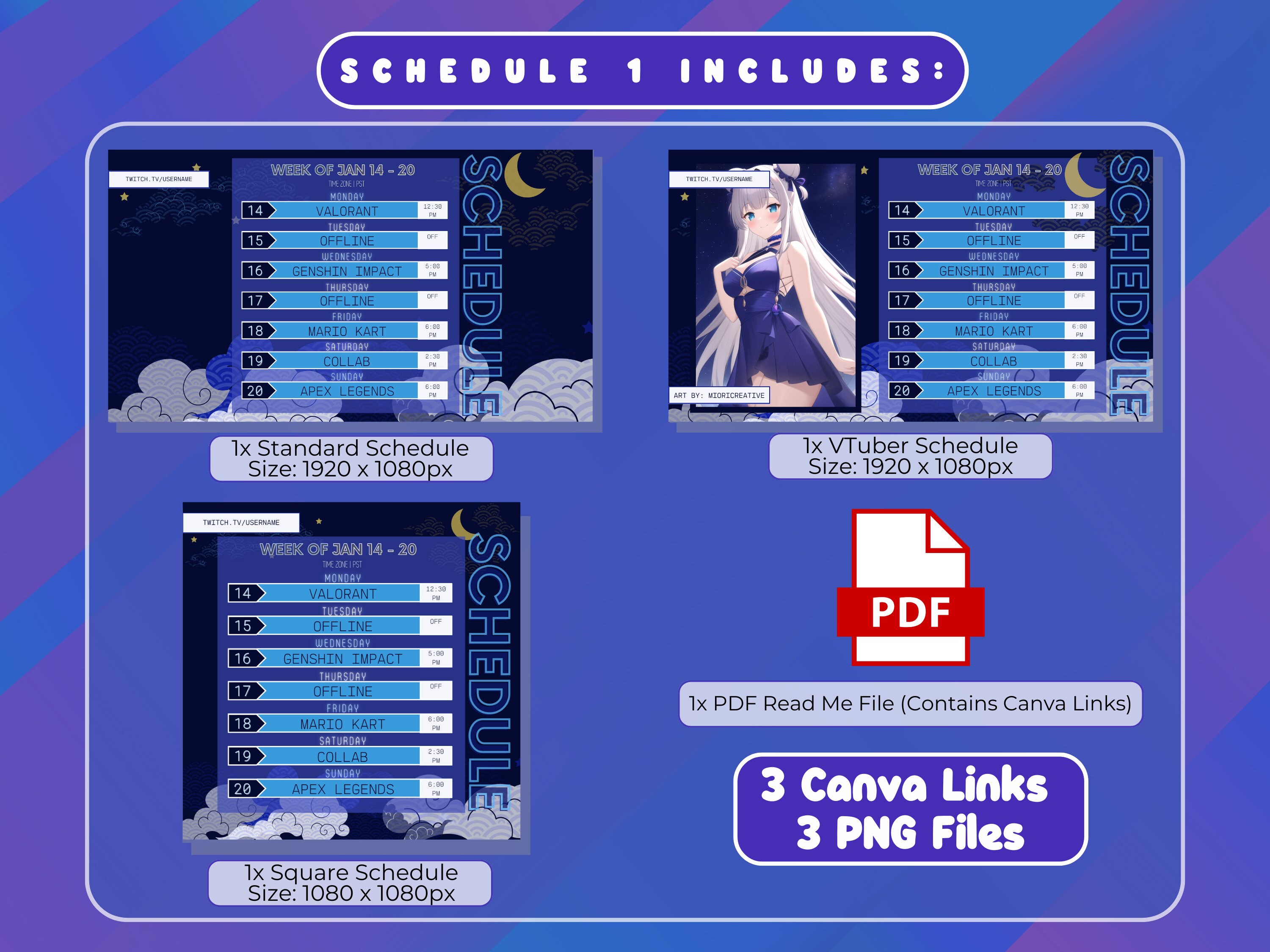2-pack Vtuber Schedule Twitch Stream Schedule Template Blue - Etsy