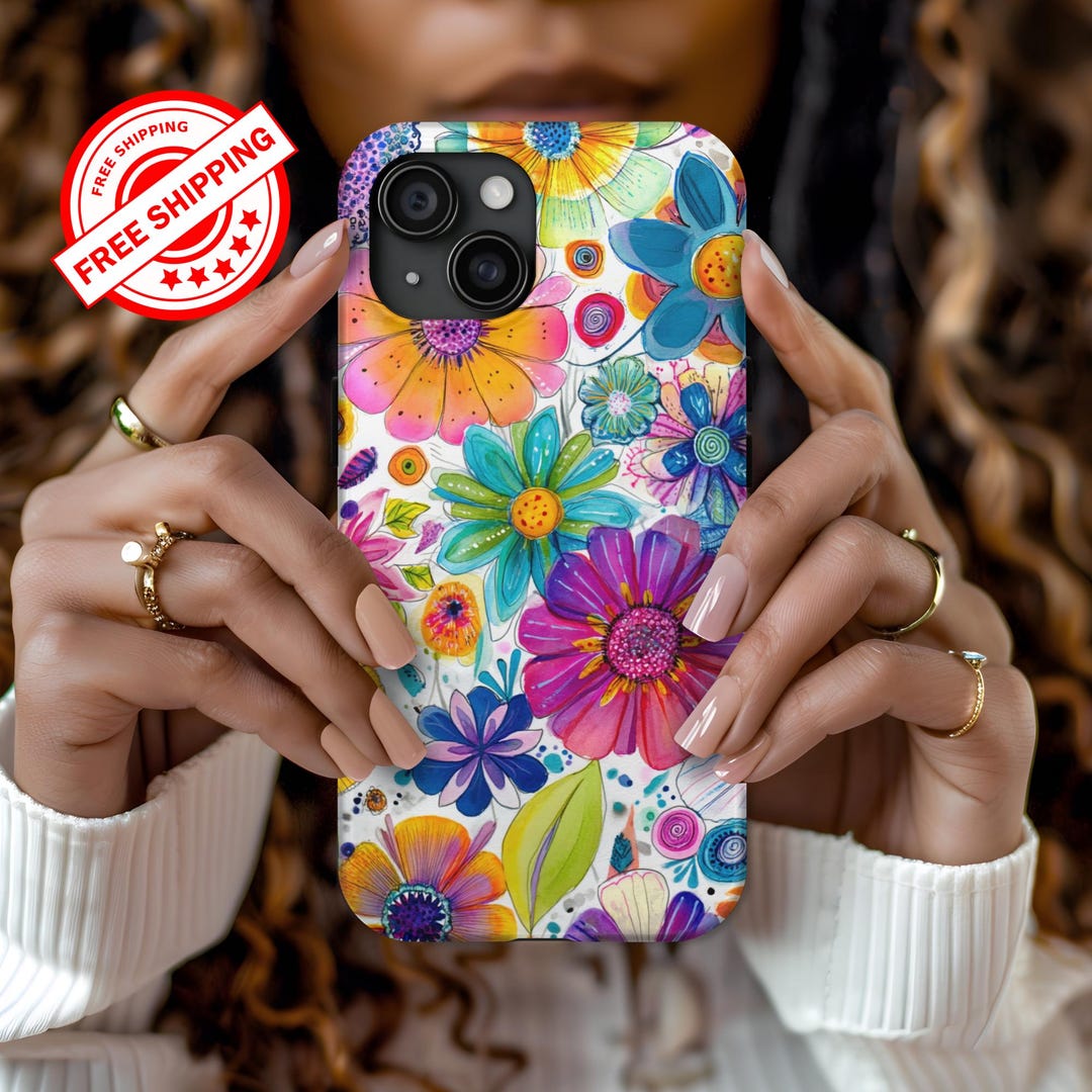 Bright Wildflower Phone Case: Doodle Floral Art, Tough Dual Layer - Etsy