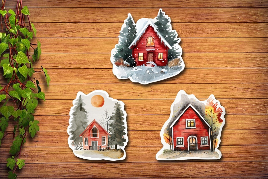 Lush Three Seasons Forest Cabin Scene Vinyl Sticker, Forest Sticker ...