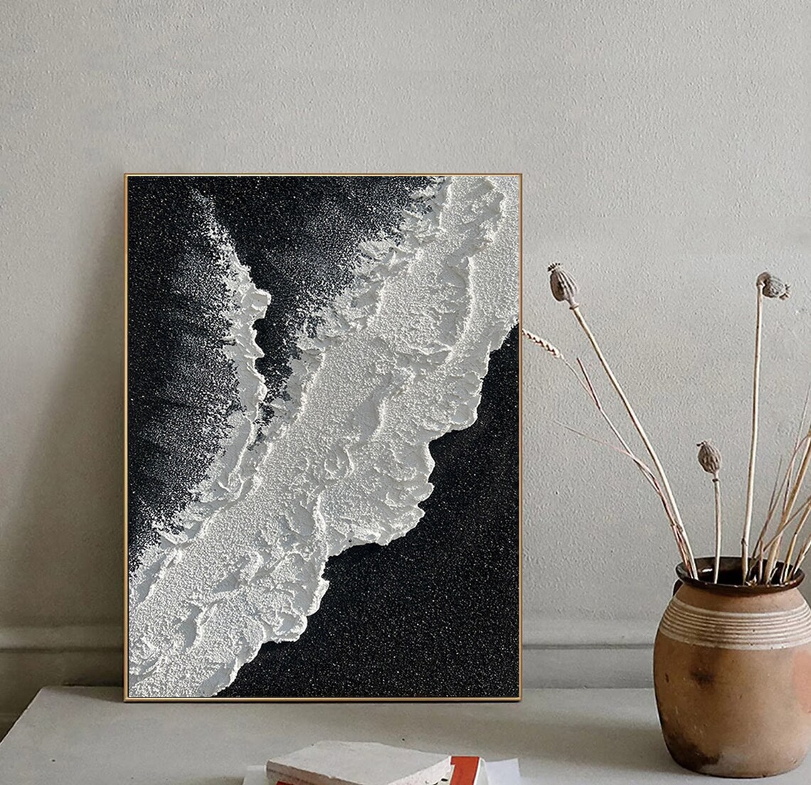 3D Black White Wave Painting on Canvas Textured Wall Art Sand Painting Wabi-sabi Wall Art - Etsy