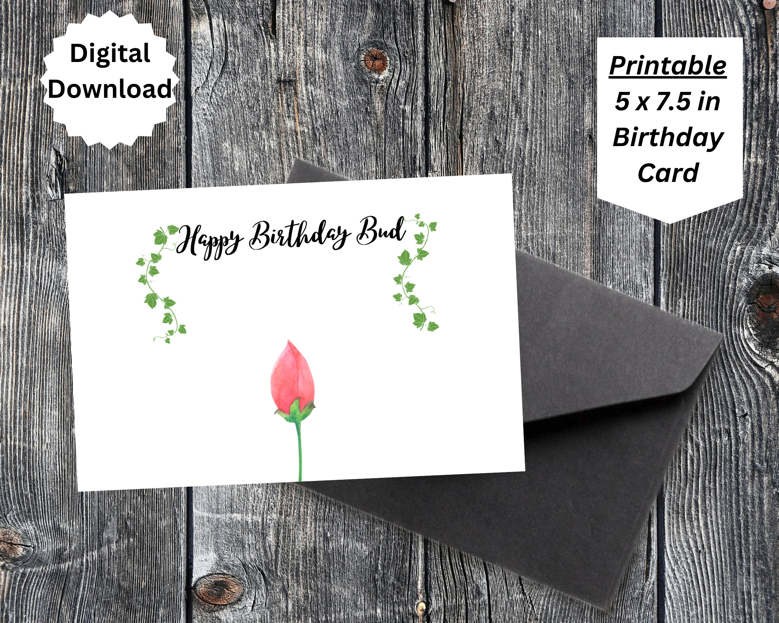 Happy Birthday Bud Card, Birthday Card, Flower Birthday Card, Printable ...