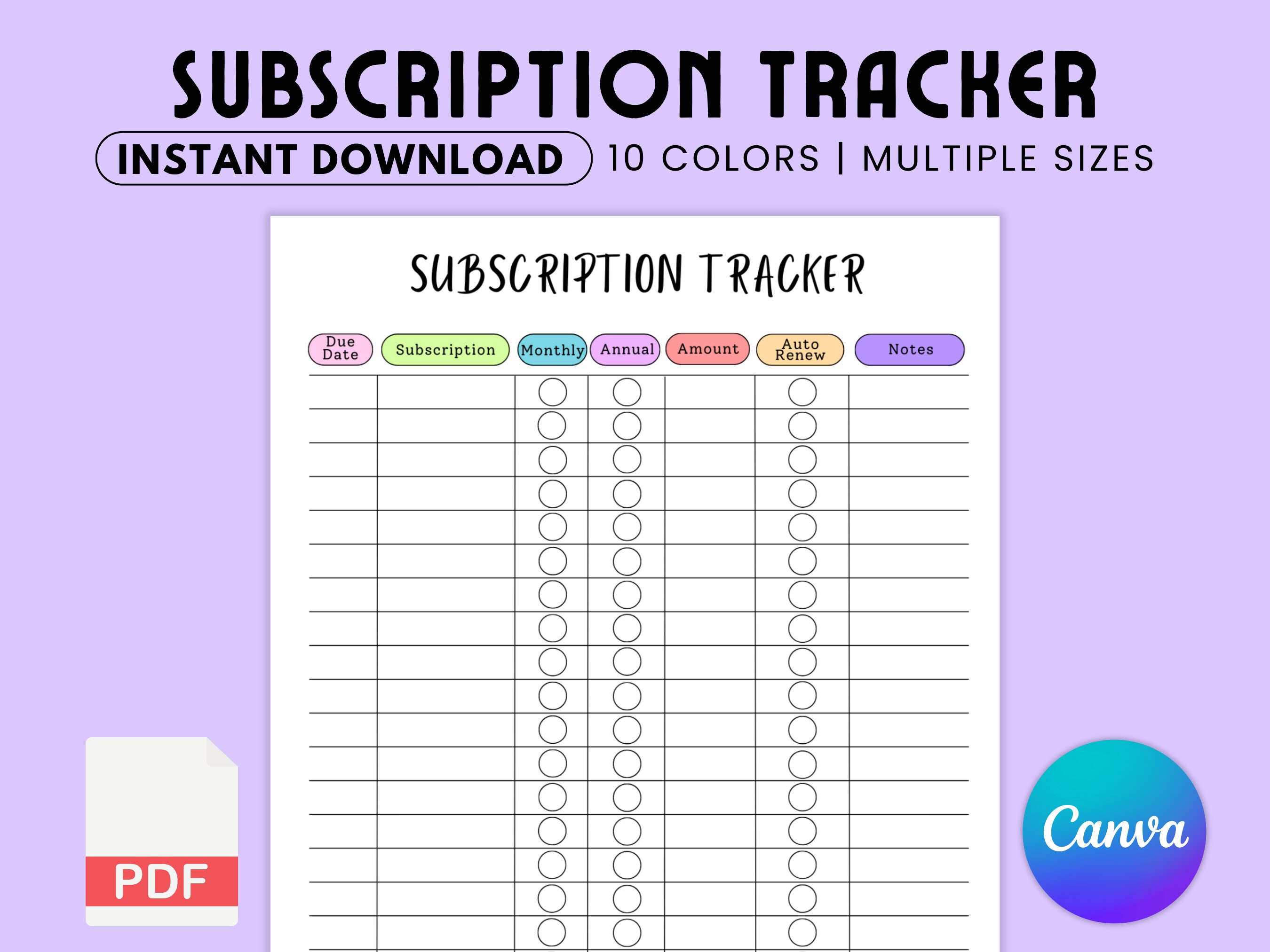 Subscription Tracker Printable, Subscription Log Editable, Expense ...