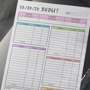 50/30/20 Budget Overview Template Printable, Monthly Budget Planner 50 ...