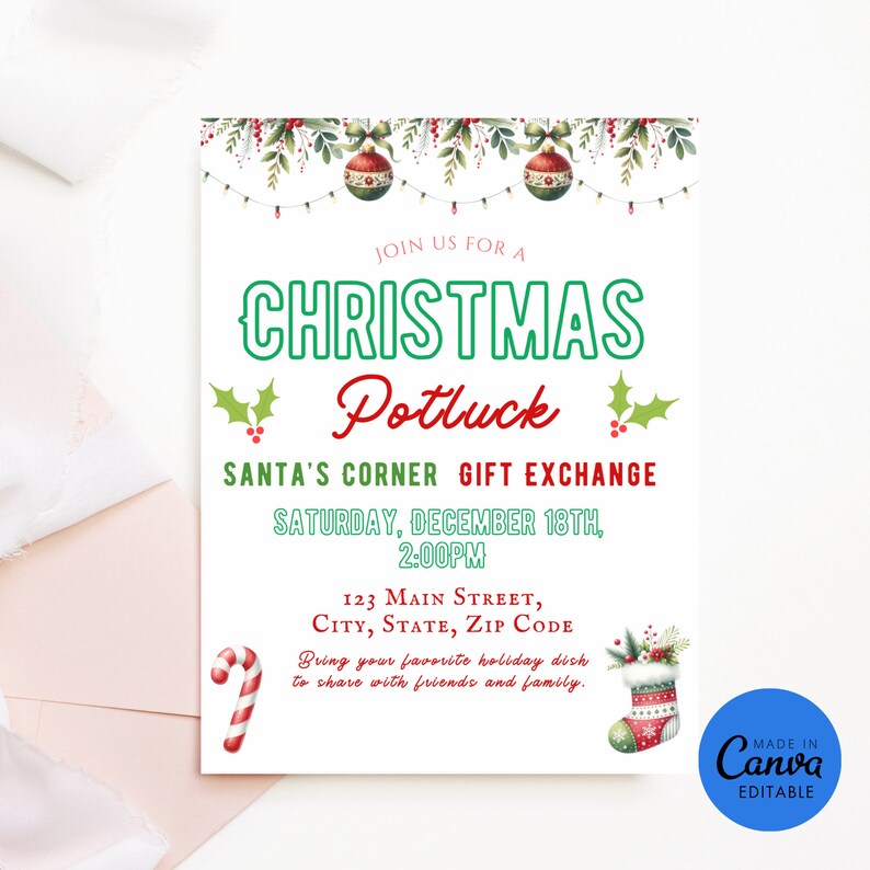 DIY Christmas Potluck Flyer EDITABLE, Christmas Potluck Invitation ...