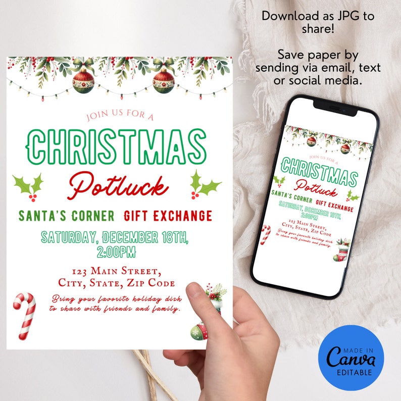 DIY Christmas Potluck Flyer EDITABLE, Christmas Potluck Invitation ...