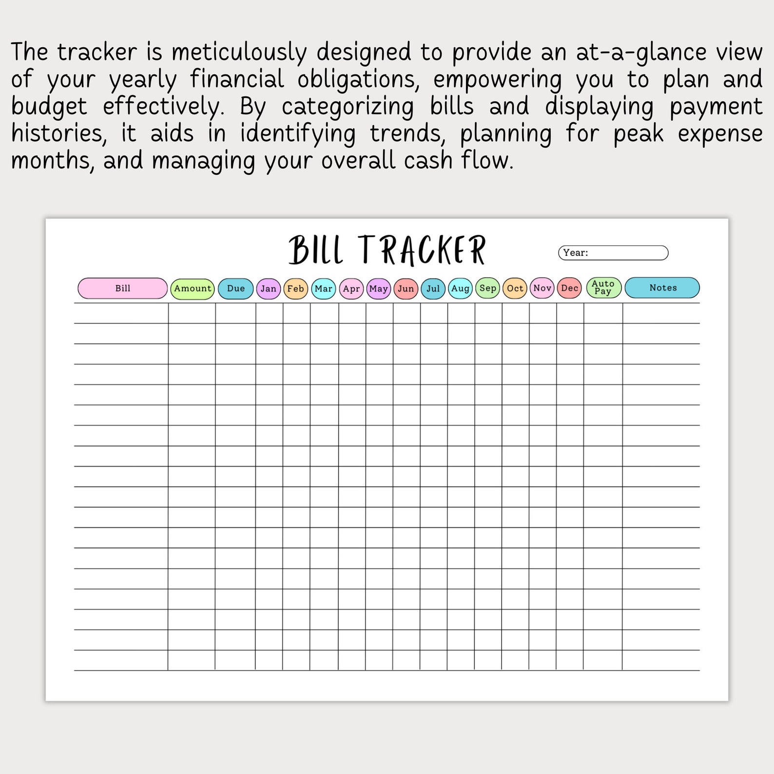 Editable Yearly Bill Tracker, Monthly Bill Tracker, Printable Bill ...