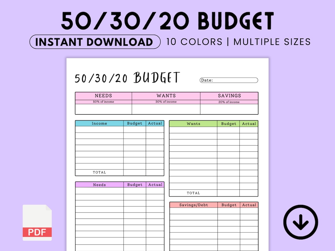 50/30/20 Budget Overview Template Printable, Monthly Budget Planner 50 ...