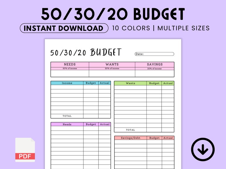 50/30/20 Budget Overview Template Printable, Monthly Budget Planner 50 ...