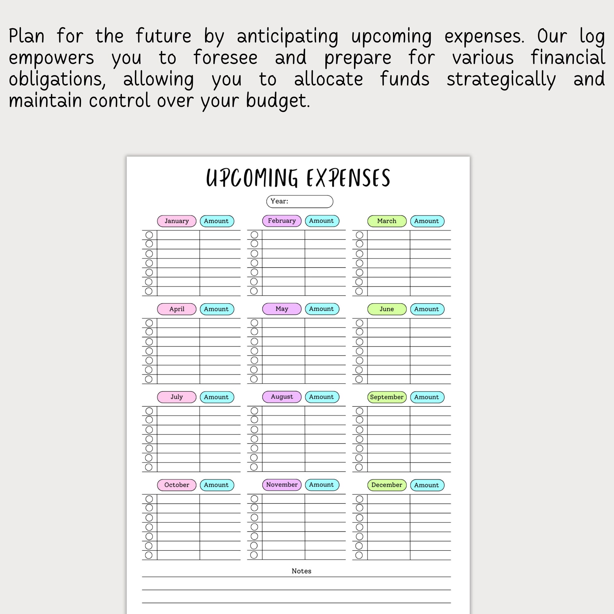 Upcoming Expenses Printable, Yearly Spending Overview, Budget Plan ...