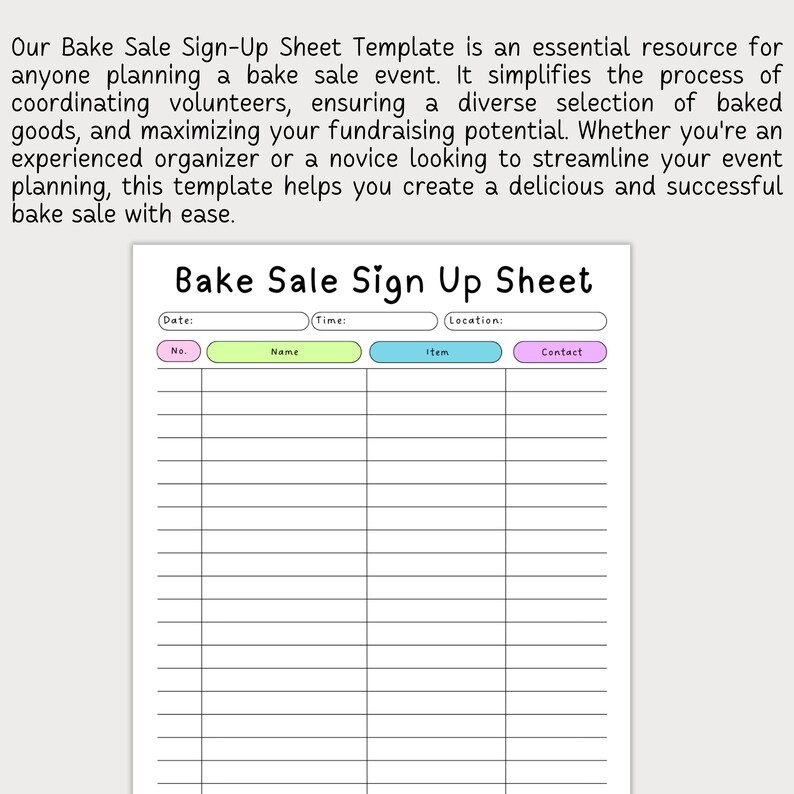Fundraiser Bake Sale Sign up Sheet Fundraiser Bake Sale - Etsy