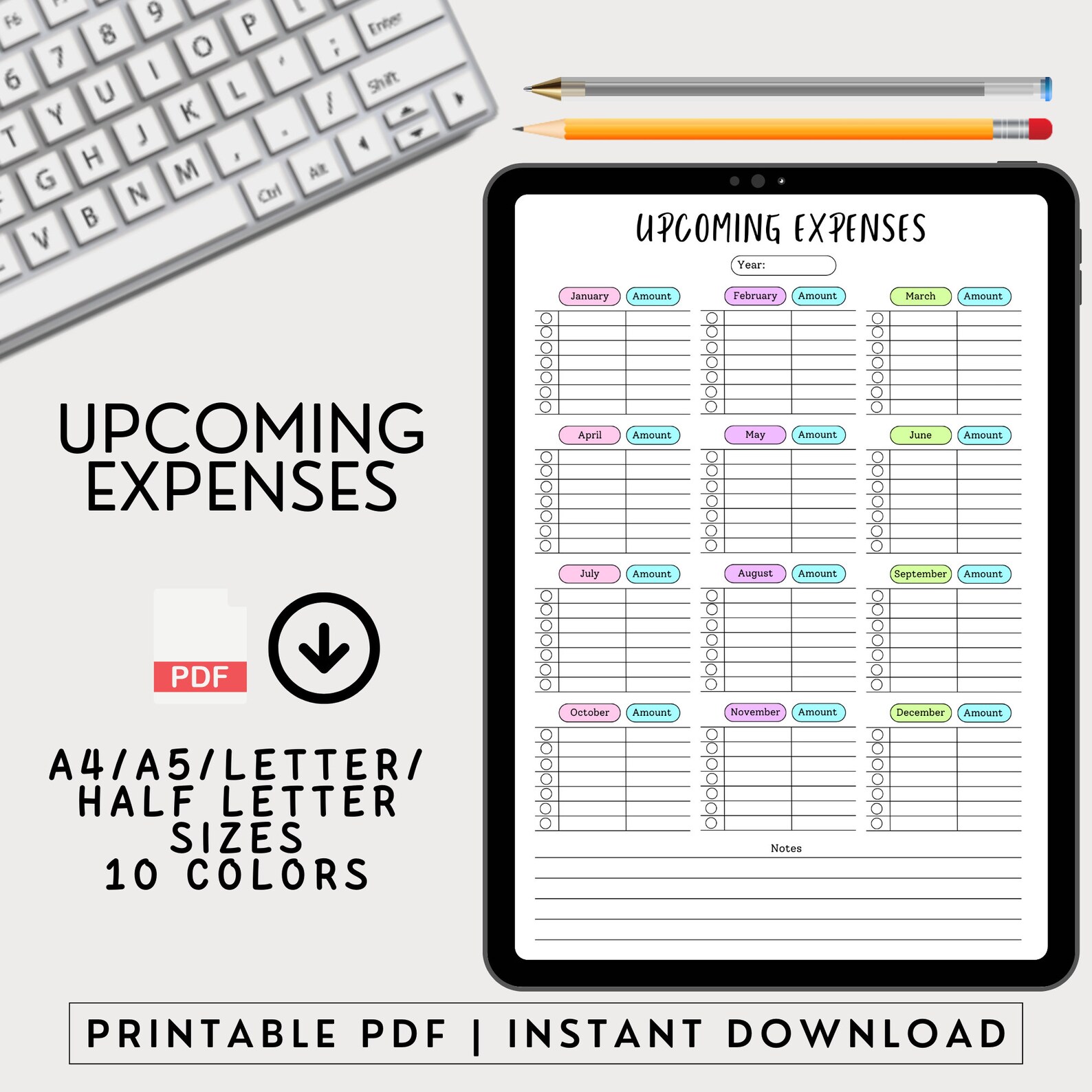 Upcoming Expenses Printable, Yearly Spending Overview, Budget Plan ...