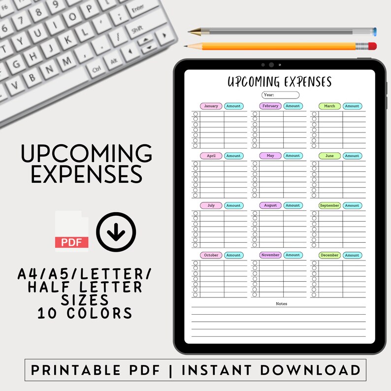 Upcoming Expenses Printable, Yearly Spending Overview, Budget Plan ...