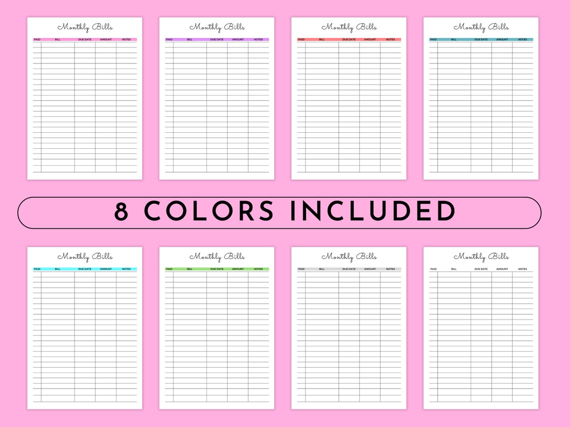 Monthly Bill Tracker Printable Monthly Bills Bill Planner - Etsy