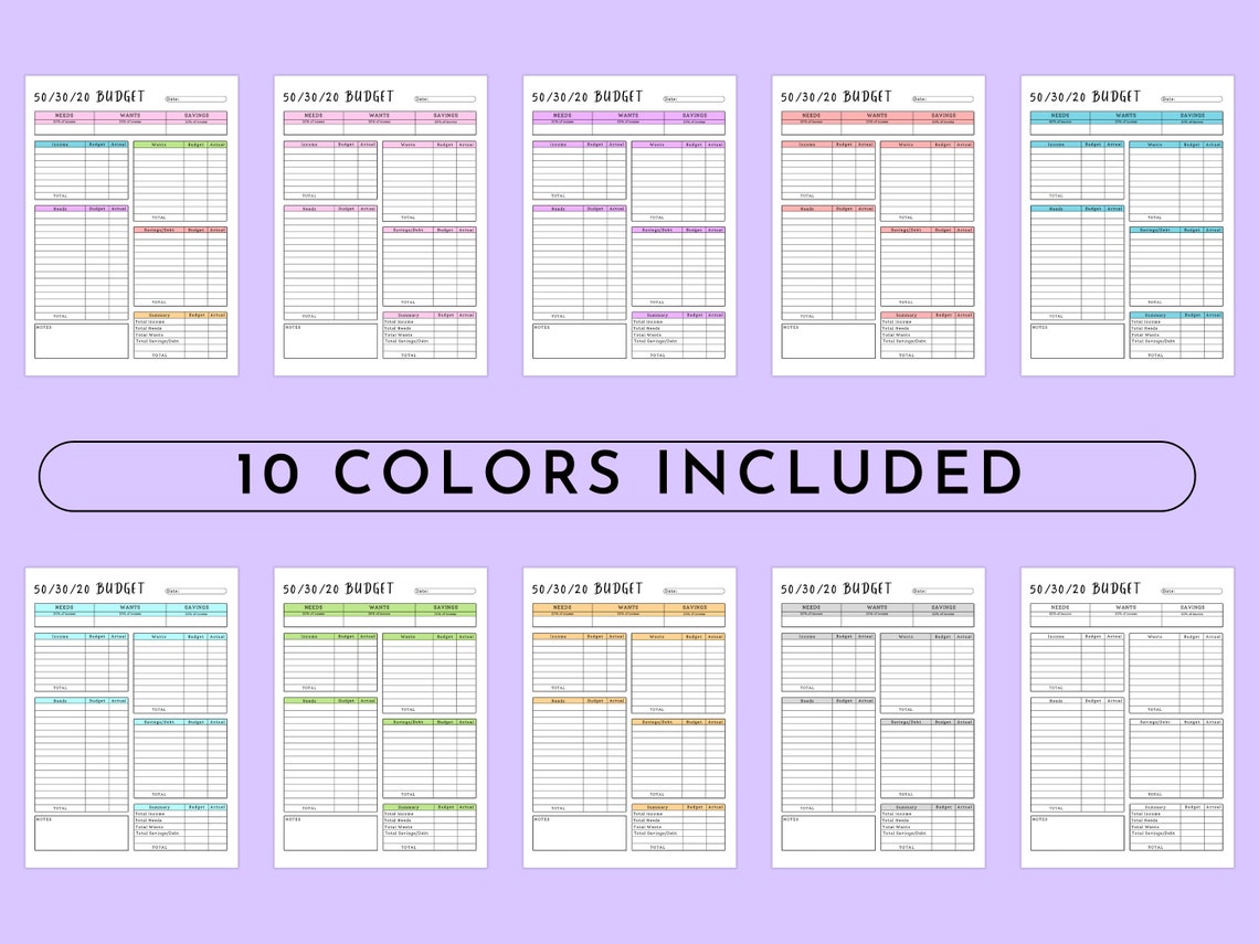 50/30/20 Budget Overview Template Printable, Monthly Budget Planner 50 ...