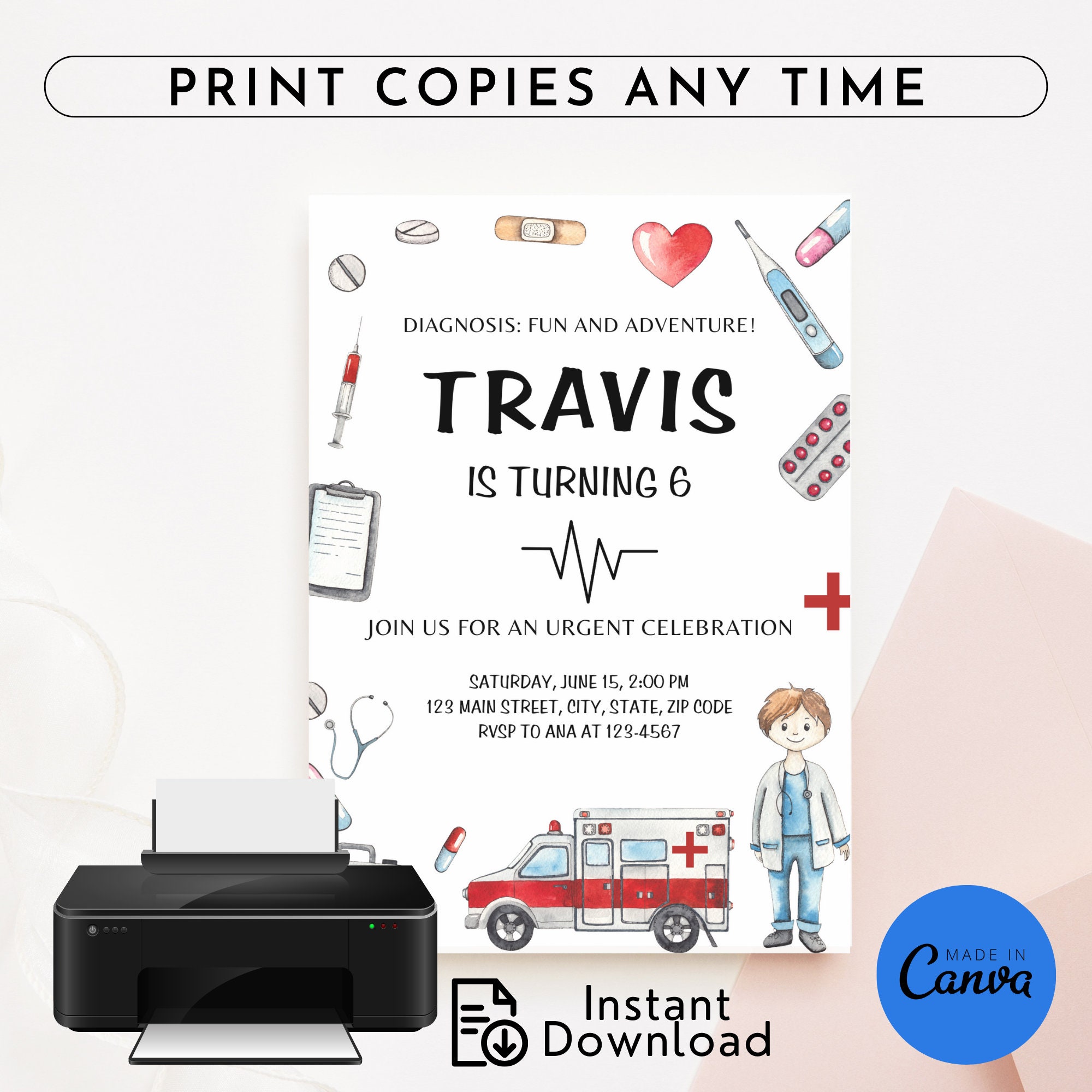 Editable Doctor Birthday Invitation, Medical Nurse Boy Girl Nurse Party ...