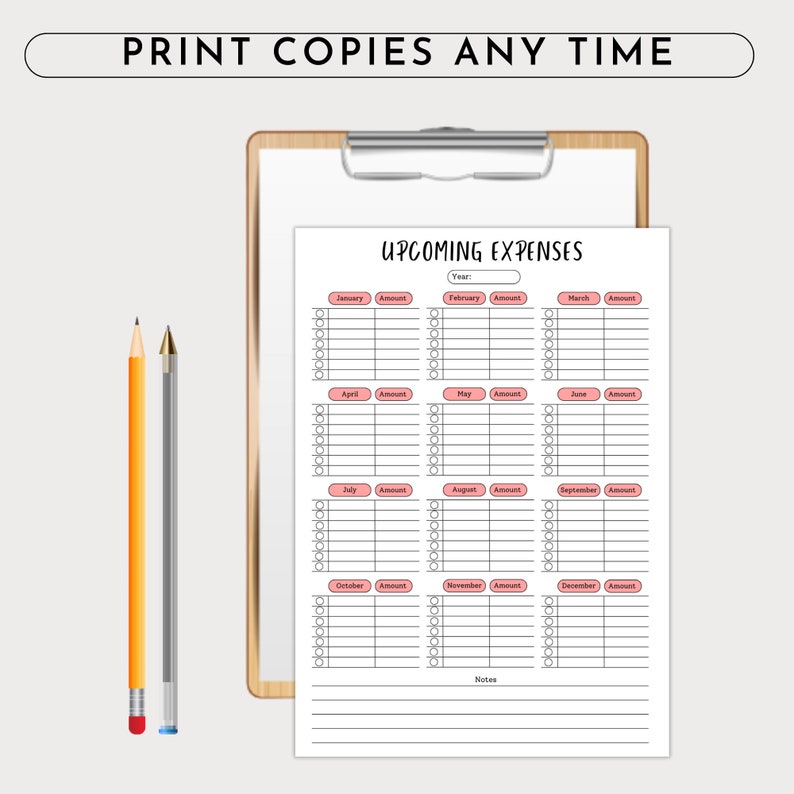 Upcoming Expenses Printable, Yearly Spending Overview, Budget Plan ...