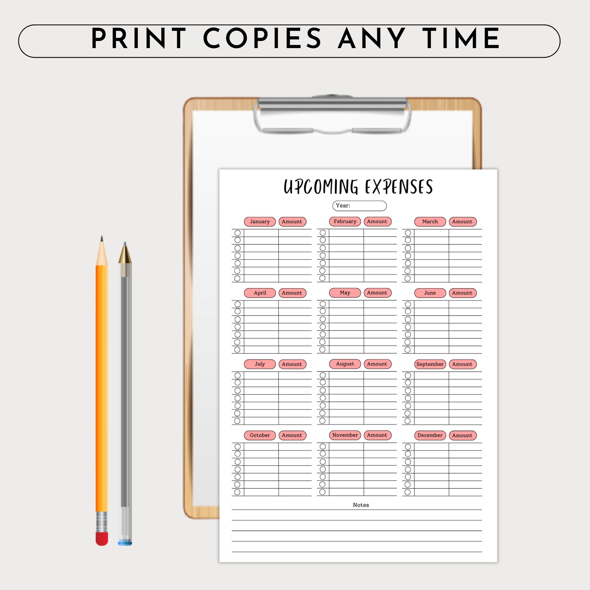 Upcoming Expenses Printable, Yearly Spending Overview, Budget Plan ...