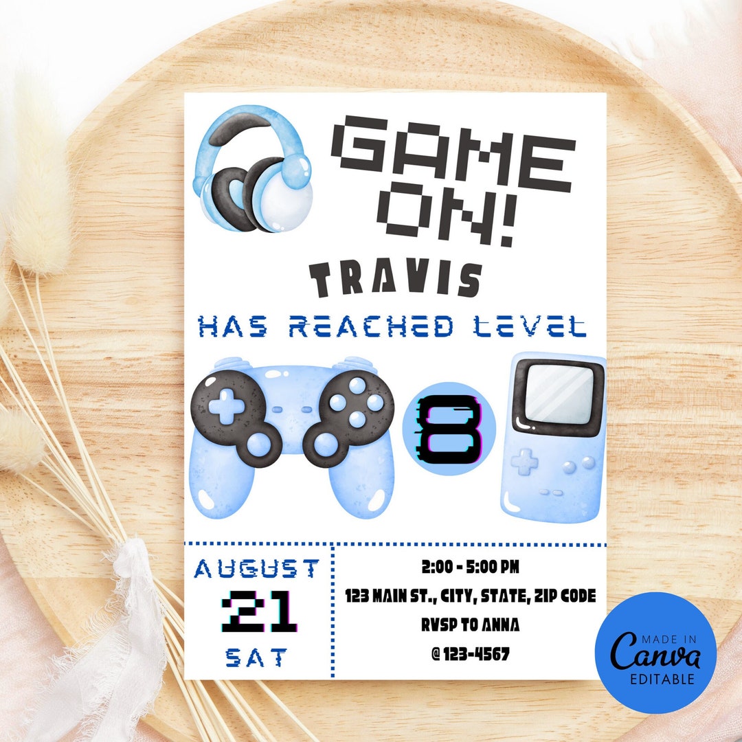 DIY Video Game Party Invitation, EDITABLE Level up Birthday Invite Blue ...