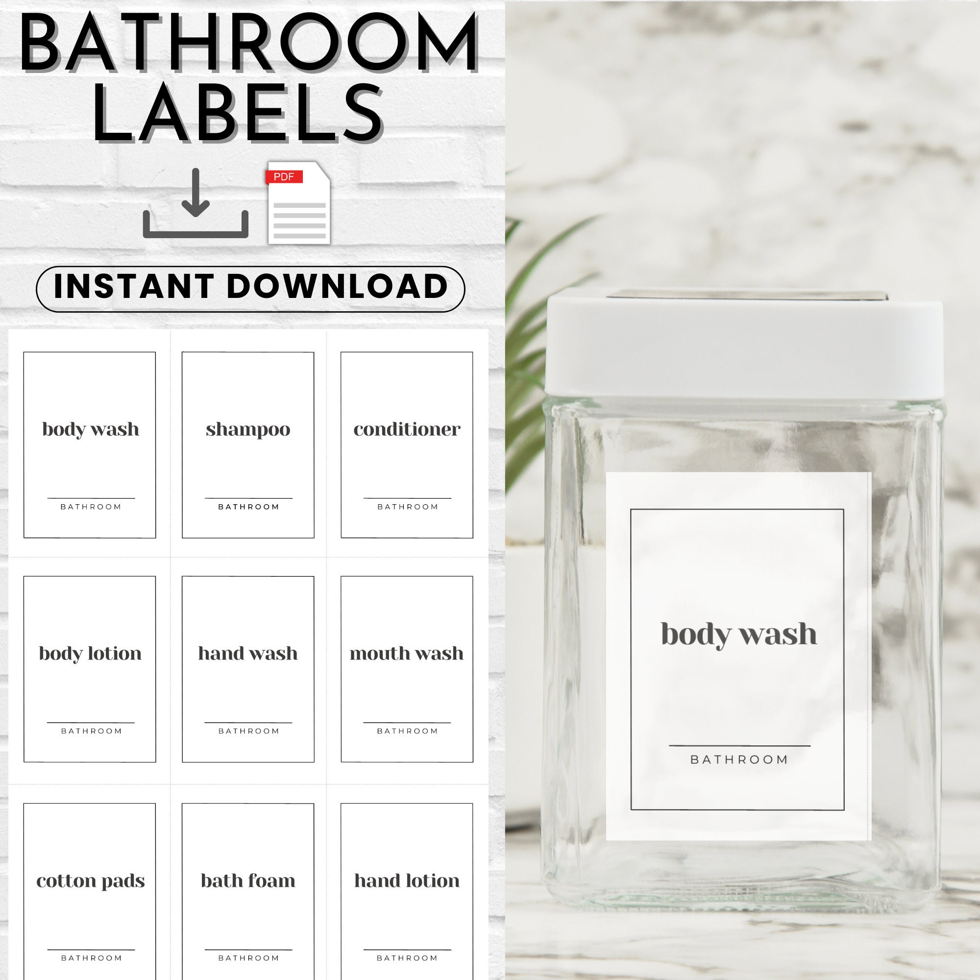 White Minimalist Bathroom Labels Printable, Shampoo Conditioner Hand ...