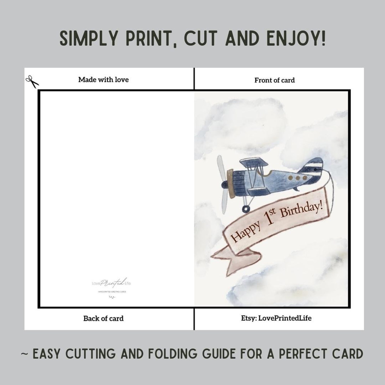 Happy 1st Birthday Airplane Card, Birthday Card for Grandson, Printable ...