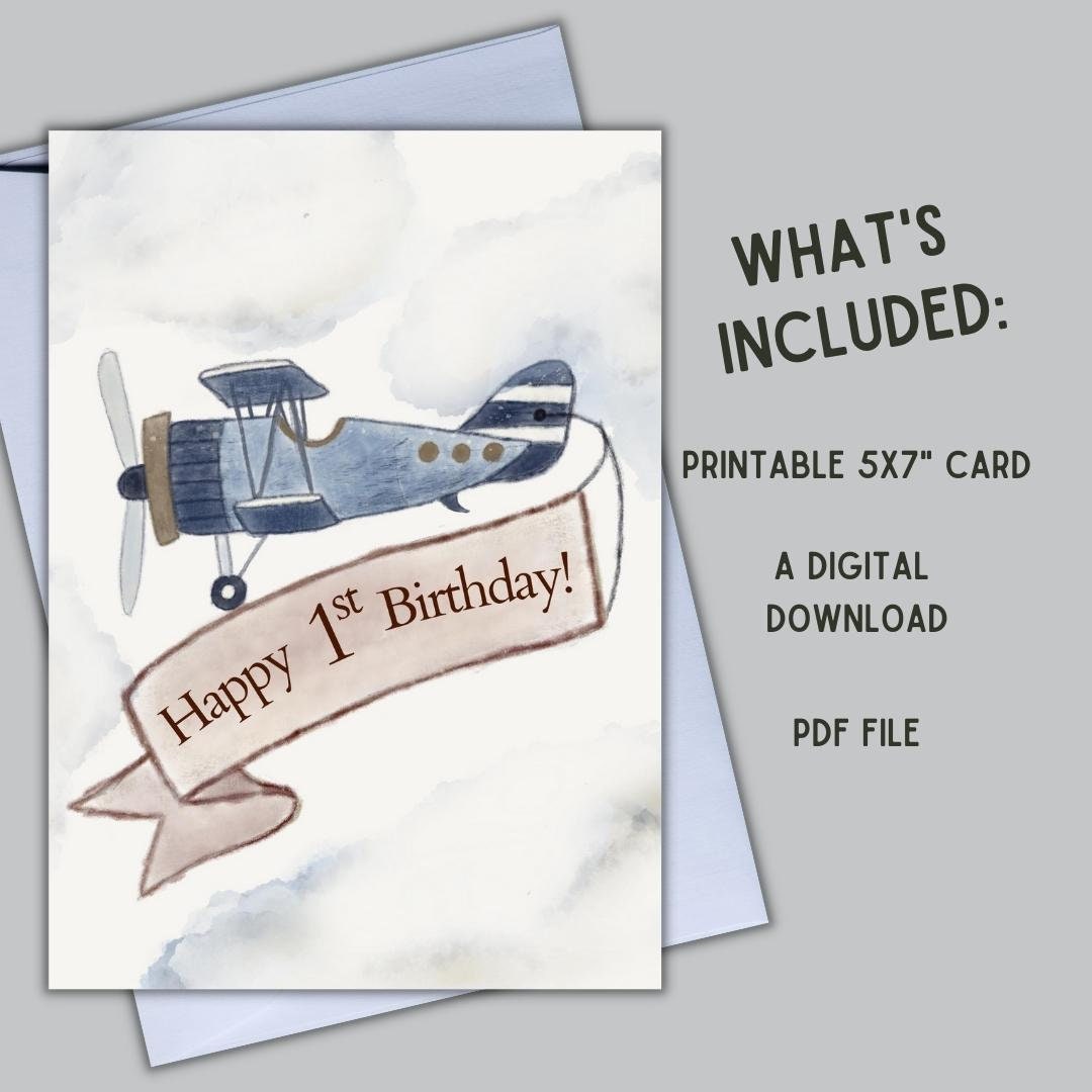 Happy 1st Birthday Airplane Card, Birthday Card for Grandson, Printable ...