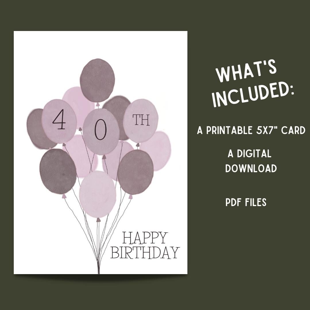 Birthday Greeting Card, Happy 40th Birthday Card, Printable Birthday ...