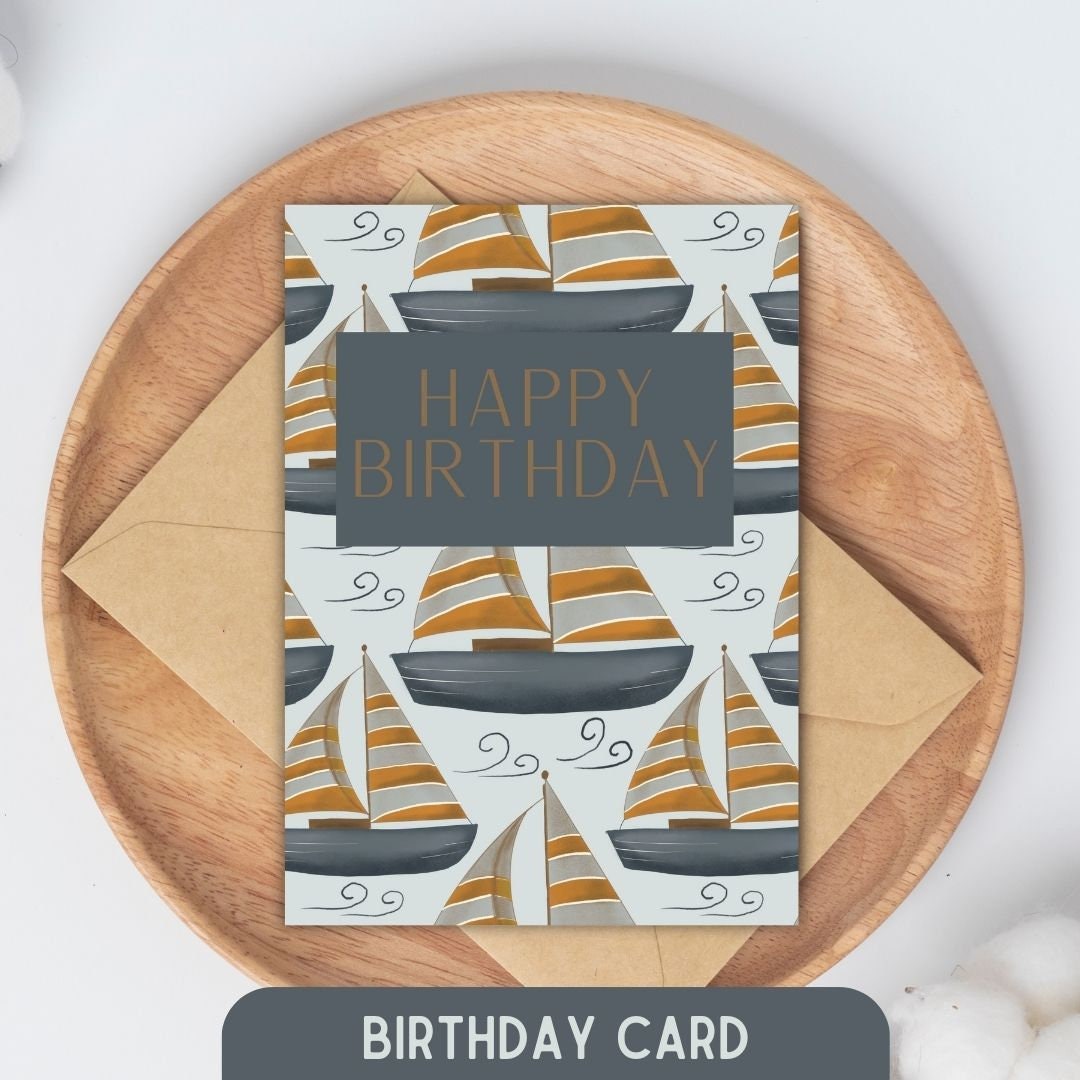 Nautical Happy Birthday Greeting Card for Him, Sailboat Birthday Card ...