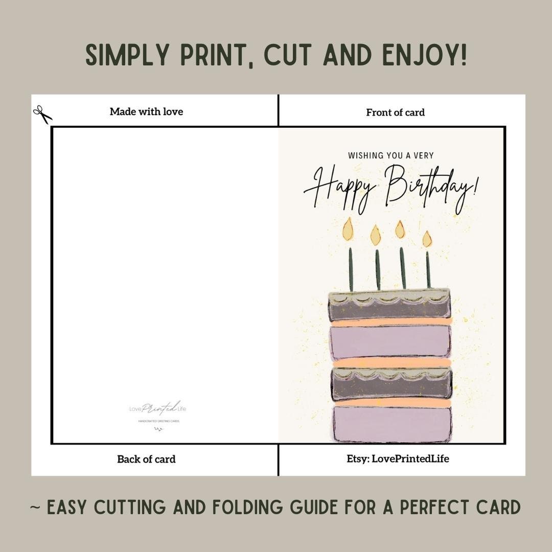 Birthday Cake Illustration Card Printable Happy Birthday - Etsy