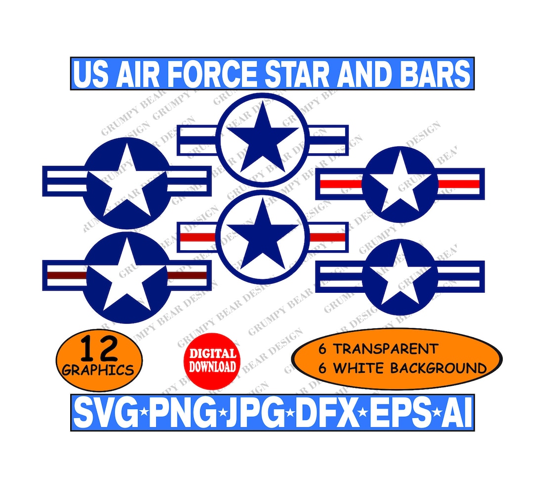 Air Force Star and Bars, 6x Graphics, 6 Transparent/6 White Background, Veteran, Military, Cut ...