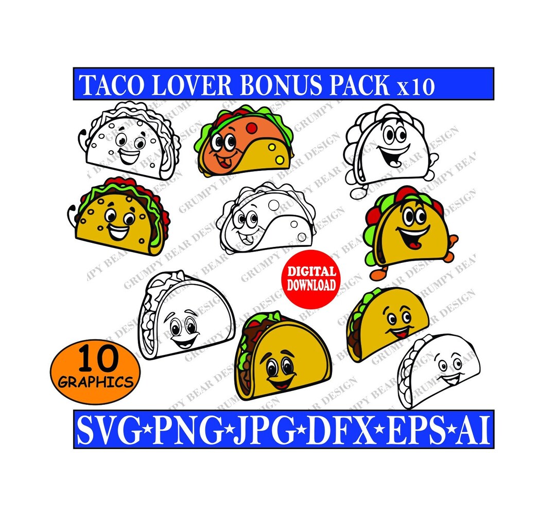 Taco Graphics, Taco Logo, 10 Graphics, Color and B&W Cut Files, Svg Png ...
