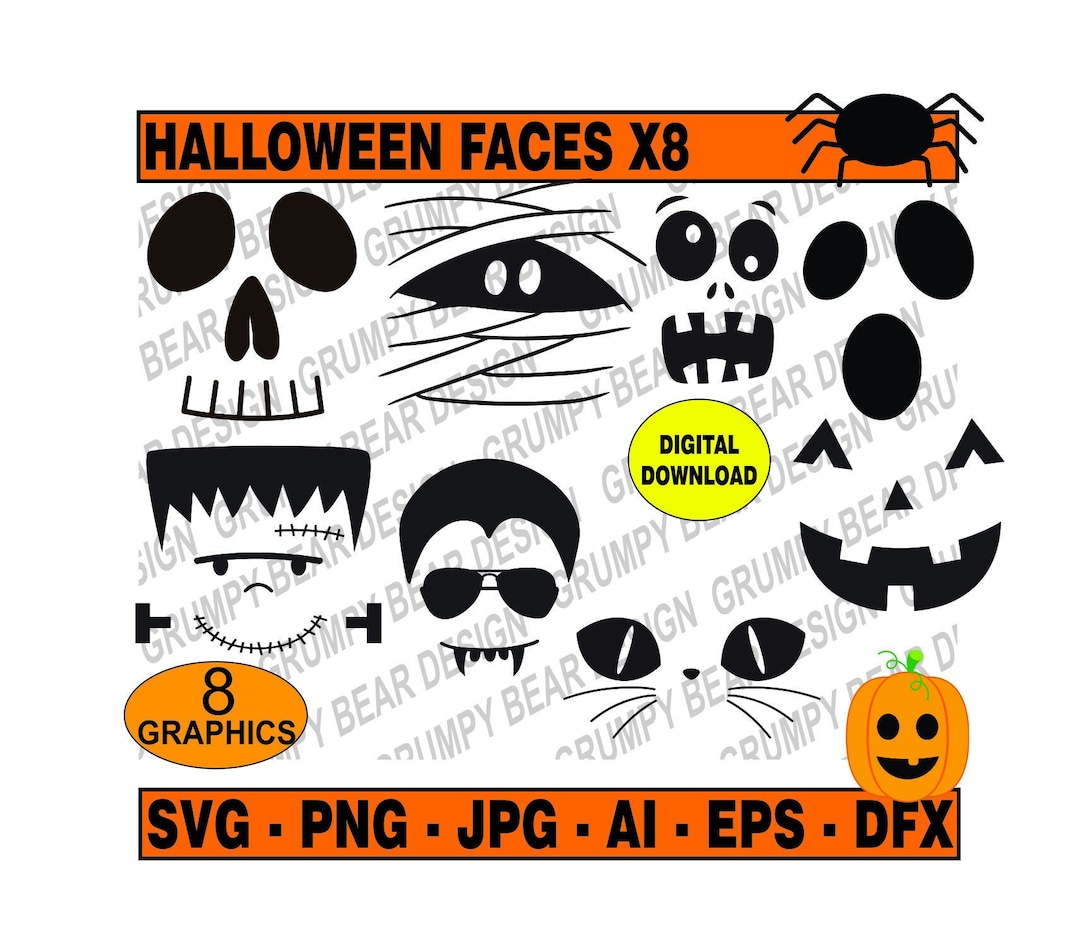 Halloween Faces X8, Cat, Dracula, Frankenstein, Ghost, Jack O Lantern ...