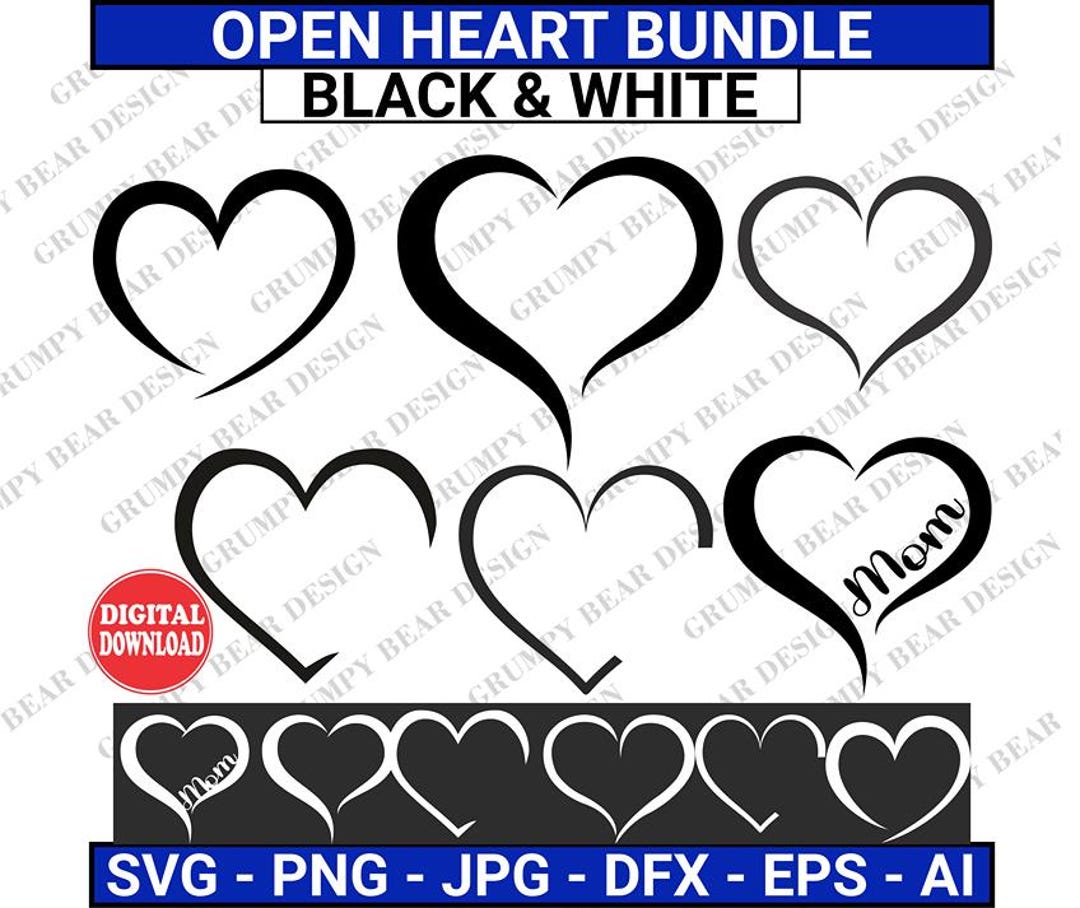 Open Heart Bundle, Open Hearts, Heart Svg, Heart Clipart, White & Black ...