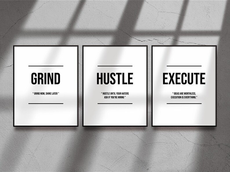 Bundle of 3 Work Ethics | GRIND, HUSTLE, EXECUTE| Motivational Wall Art ...