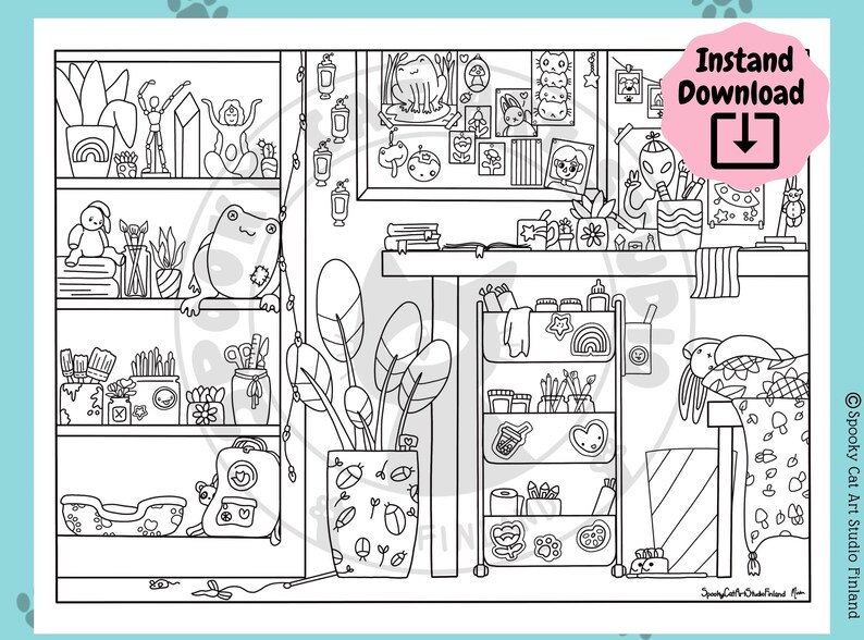 Wonderful Printable Coloring Page Art Studio Detailed Digital Coloring ...