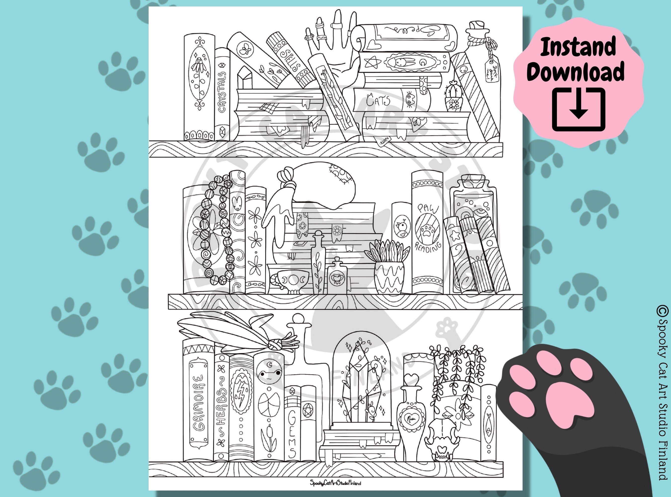 Cozy Printable Adult Coloring Page Witchs Bookshelf - Etsy