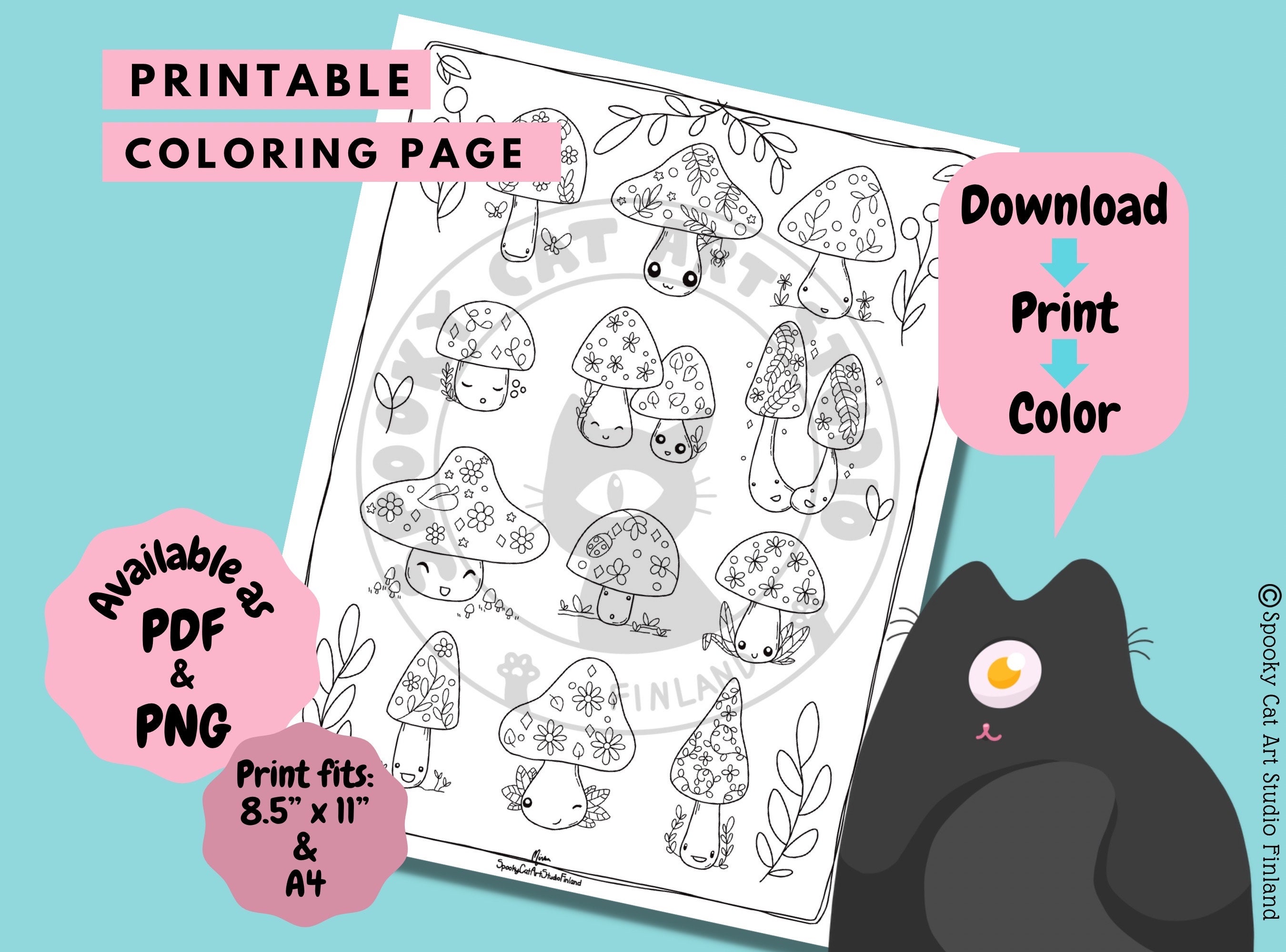 Cottagecore Printable Mushroom Coloring Page - Etsy