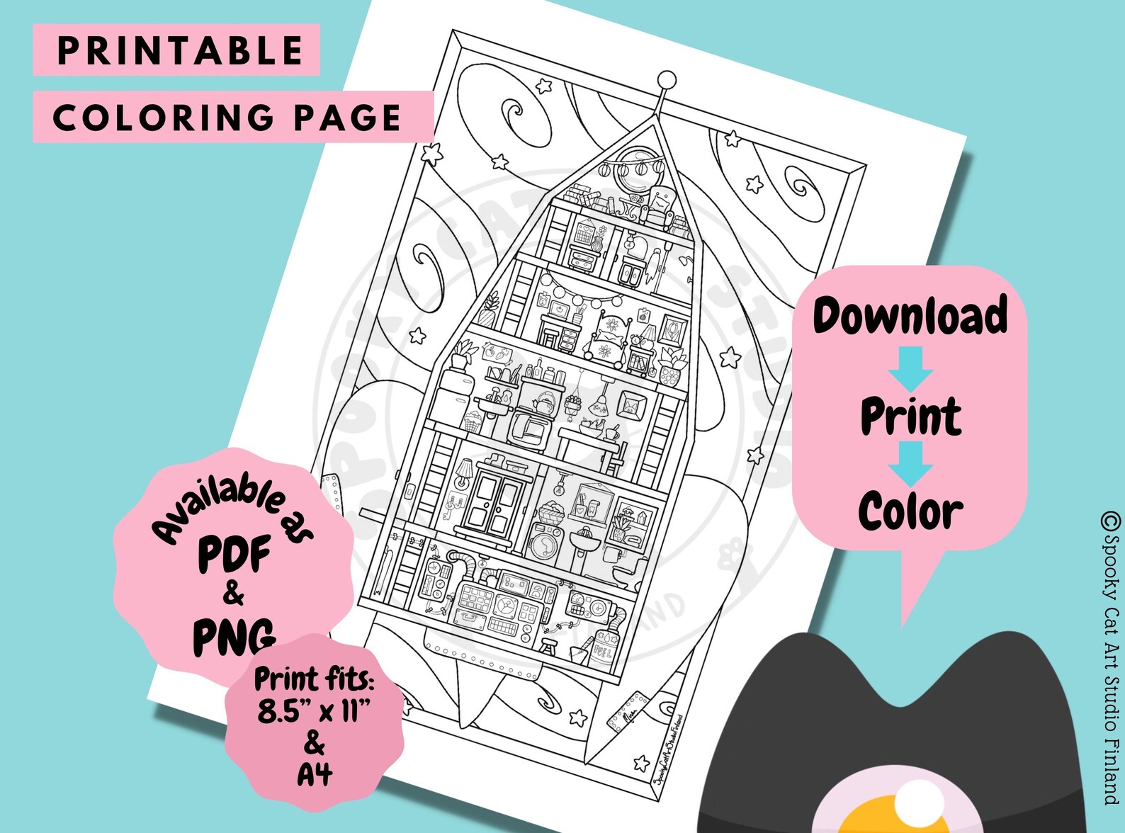 Cozy Space Coloring Page, Rocket Coloring Sheet, Printable Coloring ...