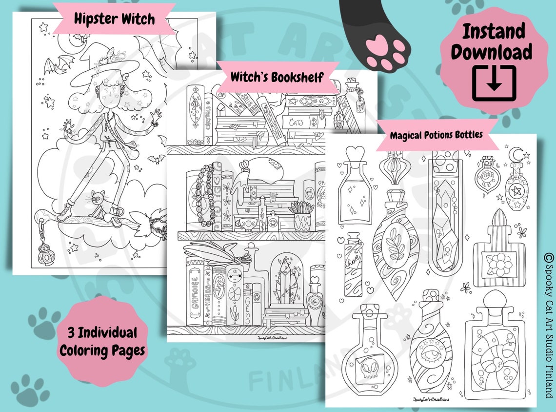 A Limited Edition Cozy Witchy Printable Adult Coloring Book in PDF ...