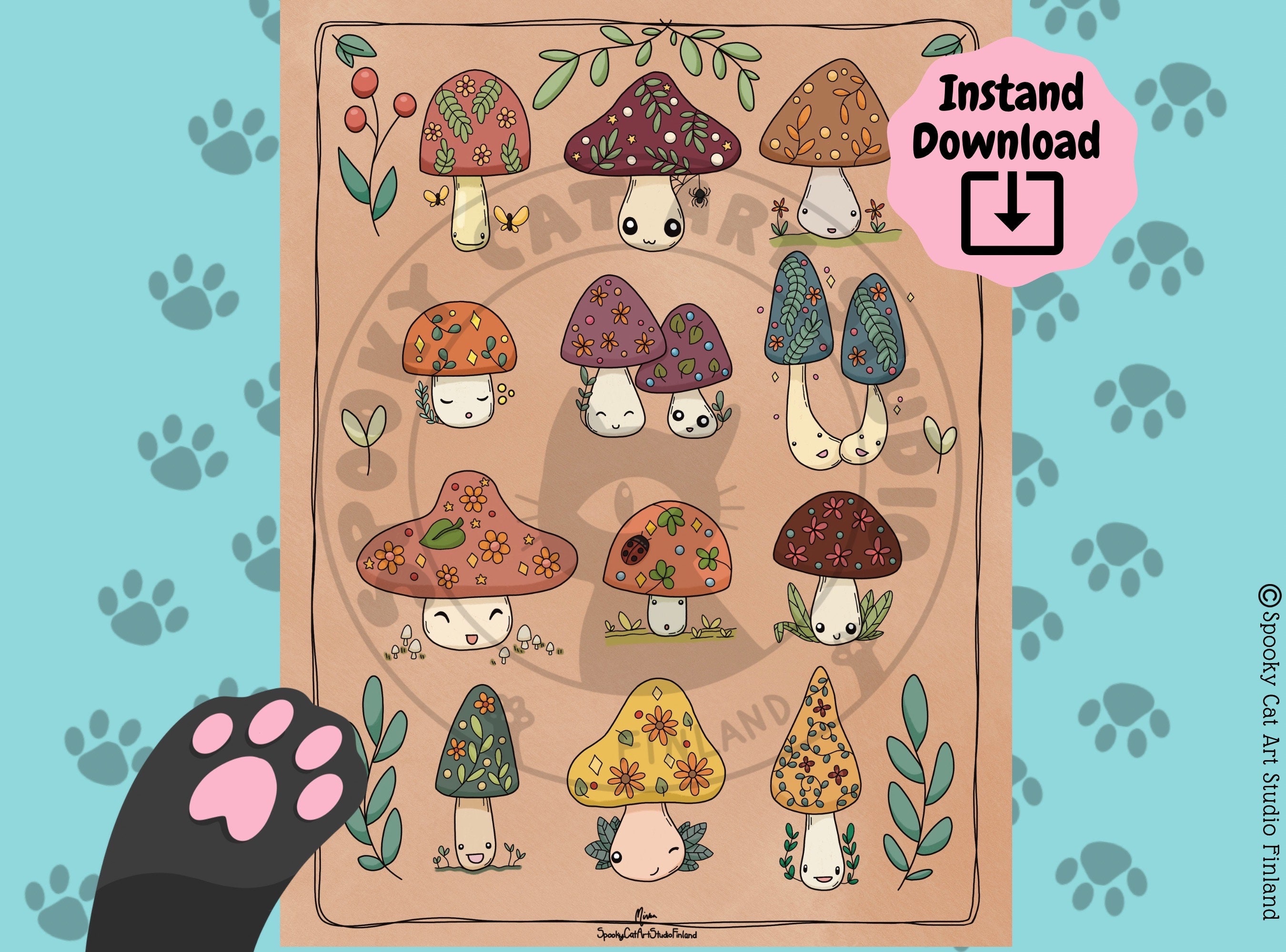 Cottagecore Printable Mushroom Coloring Page - Etsy