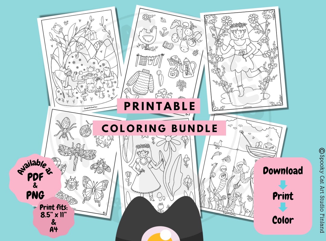 6 Page Whimsical Printable Coloring Illustration Bundle of Summer Fun ...