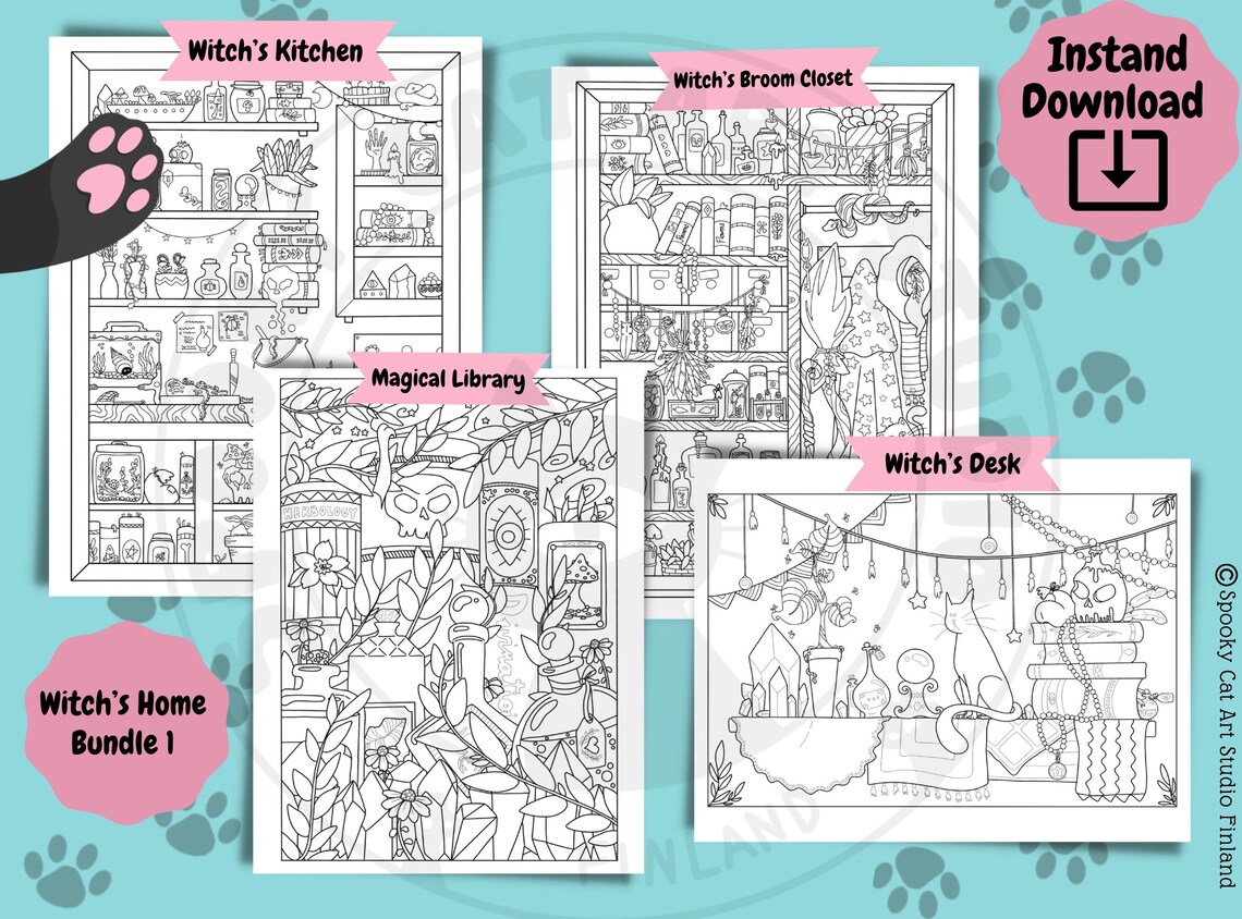 A Limited Edition Cozy Witchy Printable Adult Coloring Book in PDF ...