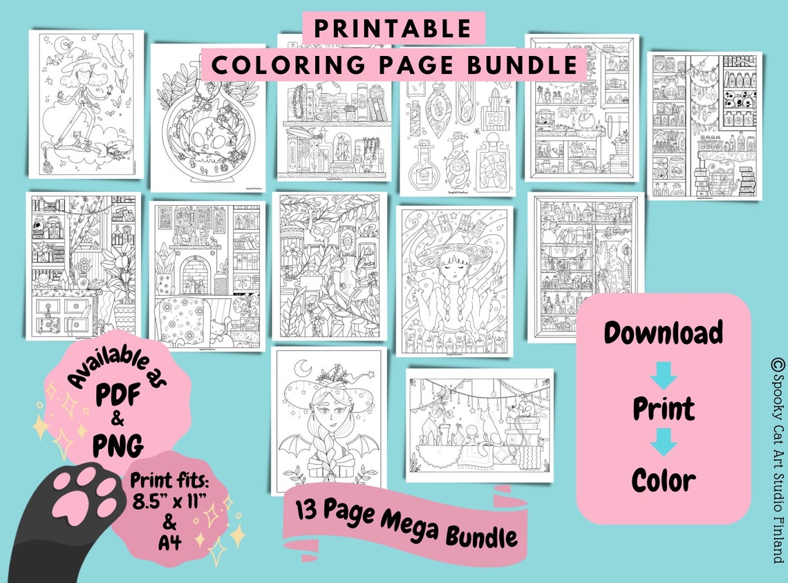 A Limited Edition Cozy Witchy Printable Adult Coloring Book in PDF ...