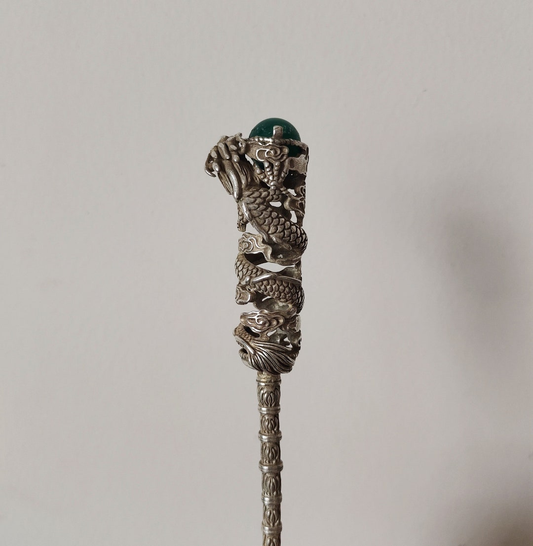 Silver Dragon Hairpin With Gemstone - Retro Hair Accessory - Etsy